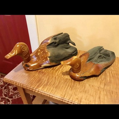 Pair Of Vintage Hand Carved Fence Post Wood Duck Decoy Figurine ...