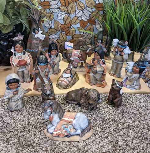Vintage Native American Indian Nativity Scene (16 Pieces) Christmas ...
