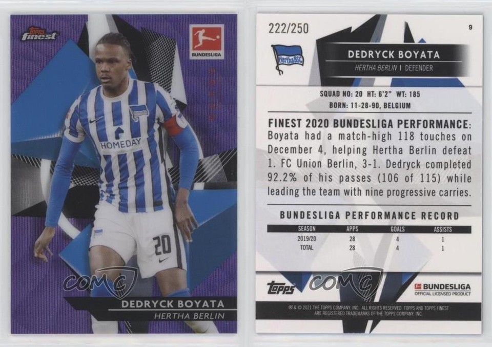 2020 Finest Bundesliga Purple Wave Refractor /250 Dedryck Boyata Rookie ...