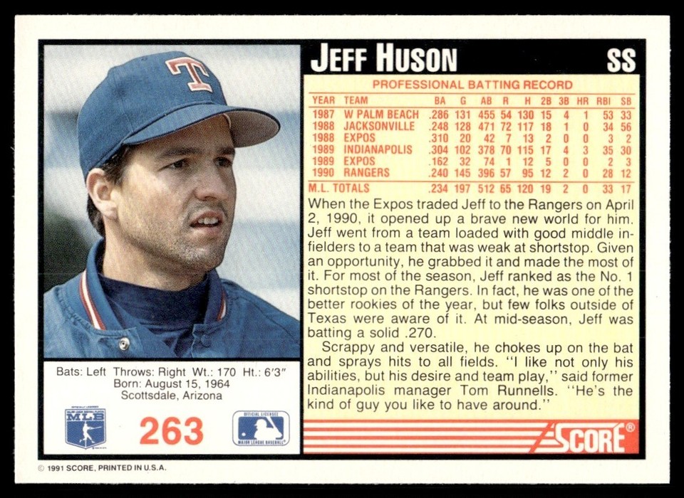 1991 Score Baseball Card Jeff Huson Texas Rangers #263 | eBay