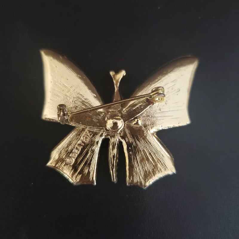 Vintage Beatrix Butterfly Brooch Gold Tone White Enamel Orange Details ...