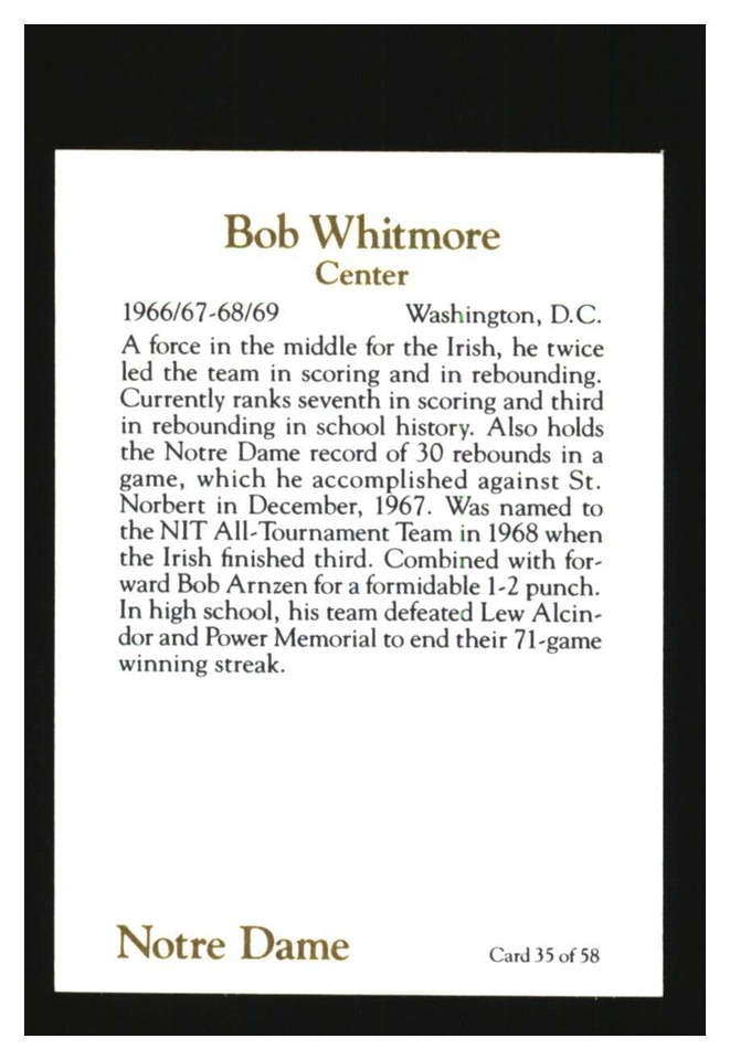 1990-91 Notre Dame Greats #35 Bob Whitmore NM-MT | eBay