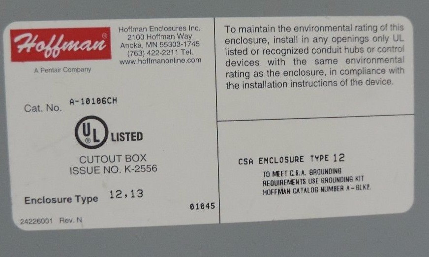 HOFFMAN A-10106CH ENCLOSURE JIC BOX TYPE 12 10X10X6, A10106CH | eBay