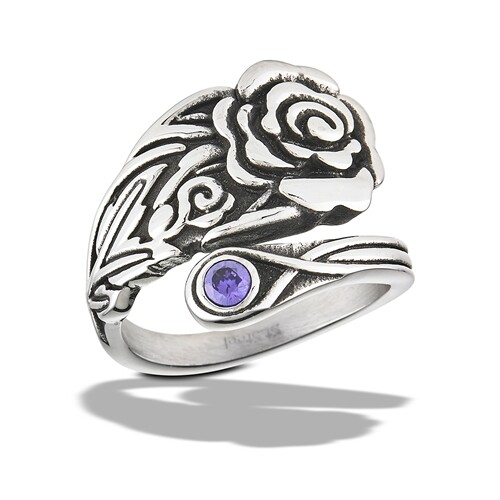 Stainless Steel Rose Spoon Ring With Amethyst CZ | eBay
