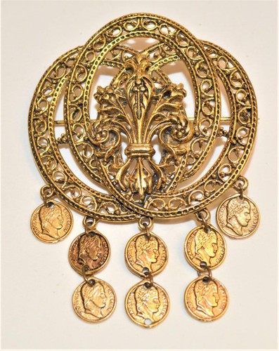 Vintage 60s Signed ART Bronze tone FLEUR de LIS Dangle NAPOLEON Coins ...