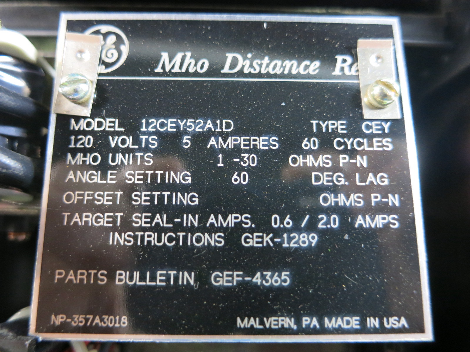 General Electric 12CEY52A1D MHO Distance Relay GE 120V 5 Amp CEY-52A1D ...