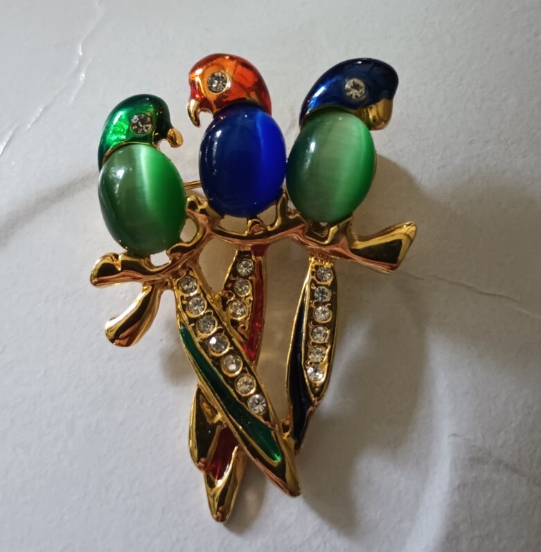 Vintage Parrot Brooch Rhinestones Cabochons Enamel Gold Tone 3 Parrots ...