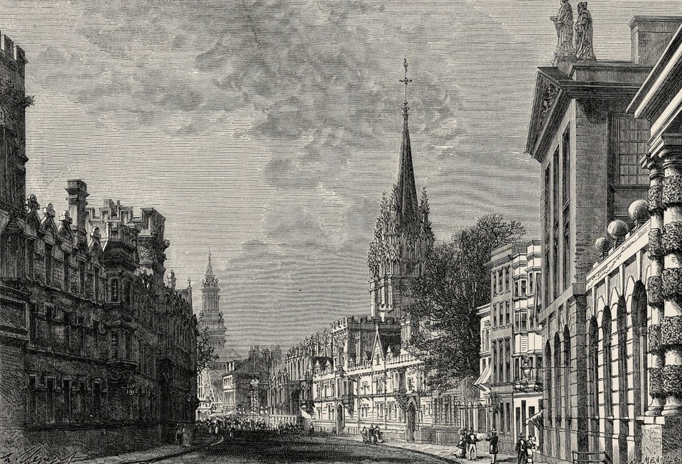 Illustrated Antique Woodcut Engraving Print of Oxford High Street ...