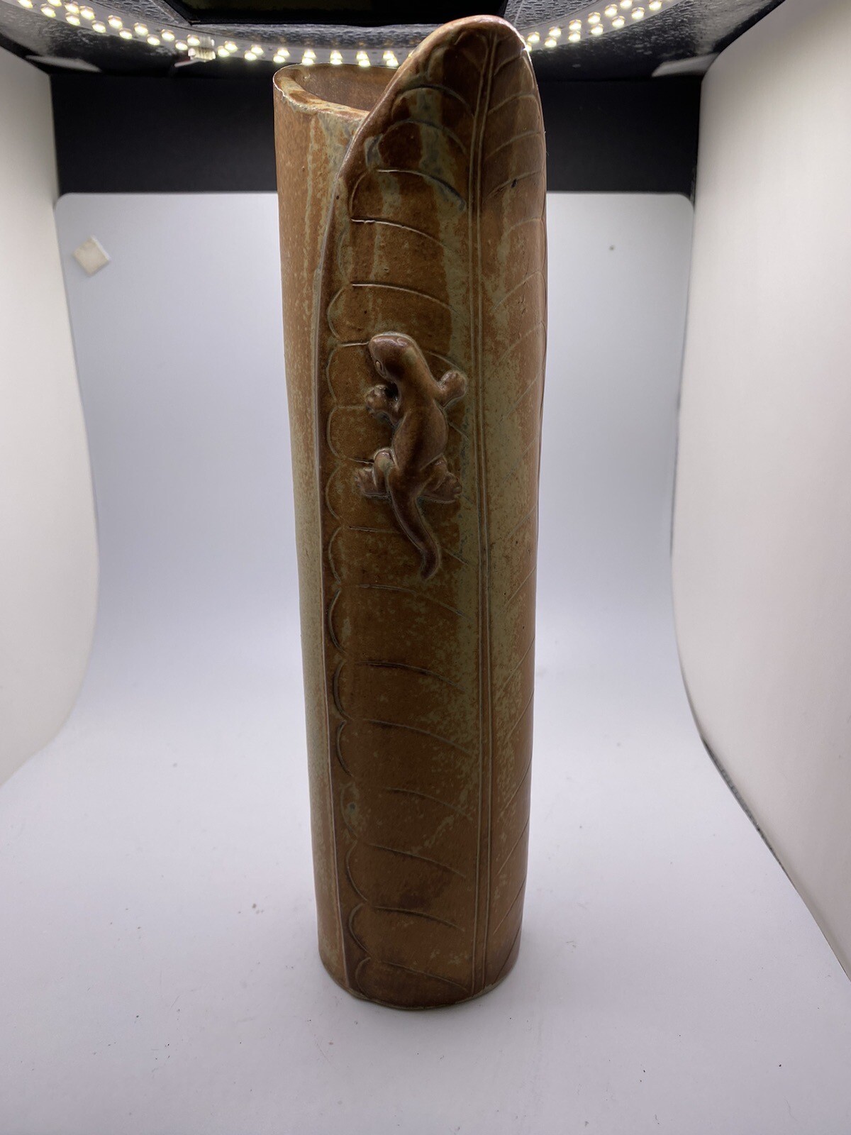 Stoneware Art Pottery Wall Pocket Vase Lizard Leaf Glazed 9.5” | eBay