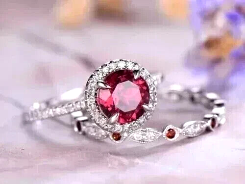 2CT Bridal Set Lab Created Ruby Wedding Ring 14K Gold Plated Solid 925 ...