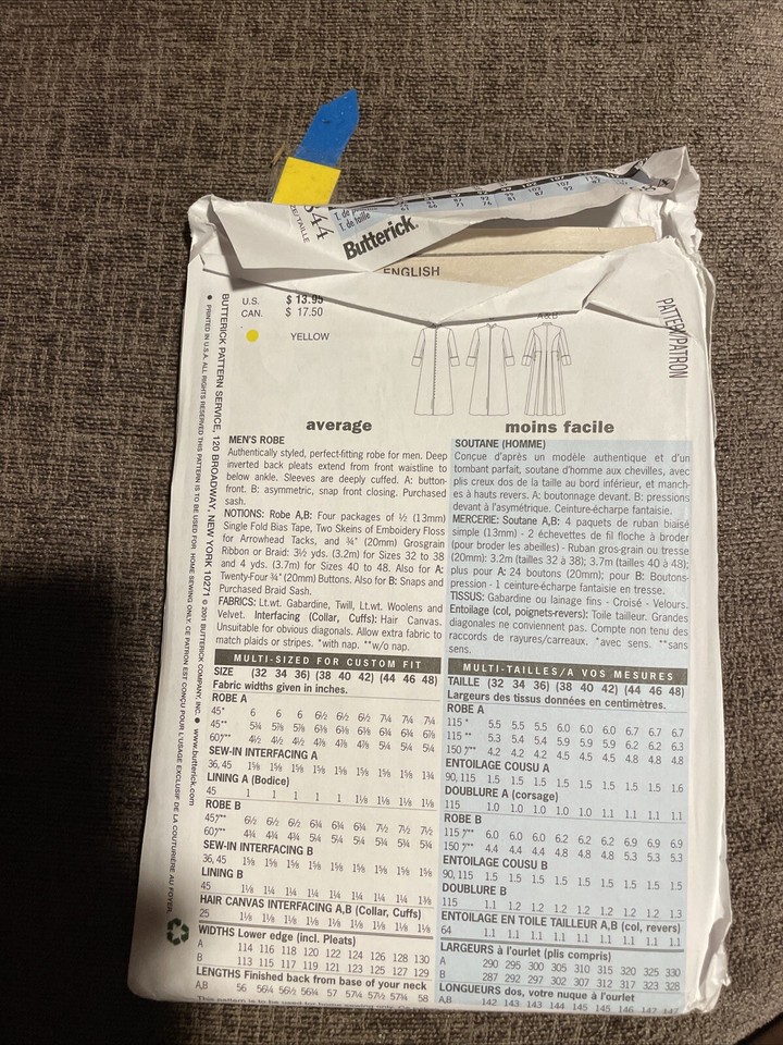 OOP Mens Priest Clergy Cassock Robe Butterick Pattern 6844 Size 38-40 ...