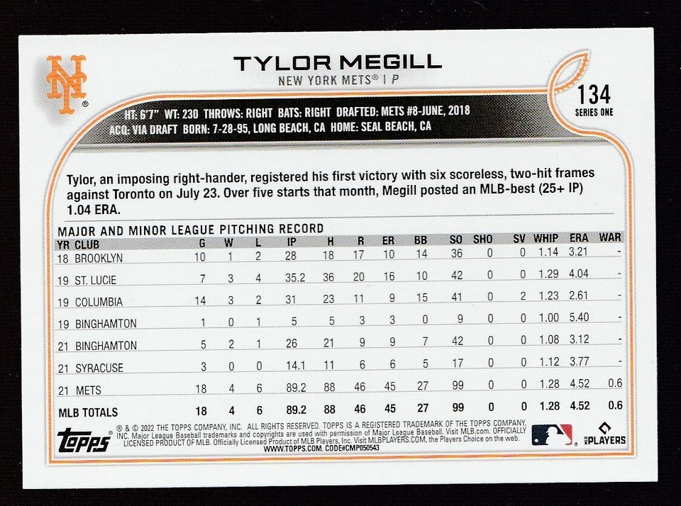 TYLER MEGILL RC 2022 Topps Series One Rookie NEW YORK METS Card #134 | eBay