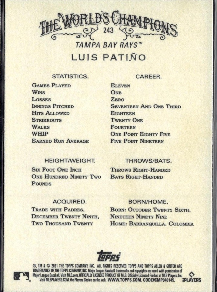 2021 Topps Allen & Ginter #243 Luis Patiño | eBay