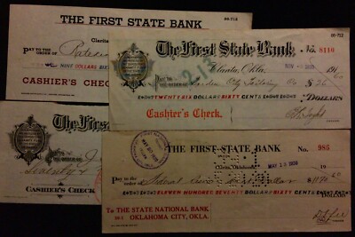 Vintage Checks: The First State Bank (Clarita, OK); 1910s-1920s; 4 ...