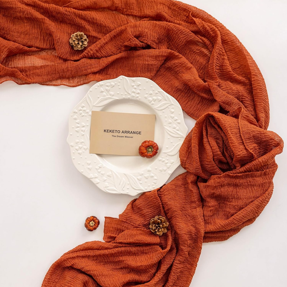 Keketo Fall Thanksgiving Table Runner Terracotta Rust Gauze 120 Inch 10 ...