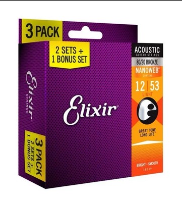 *3 SETS ELIXIR 11052 80/20 BRONZE NANOWEB ACOUSTIC GUITAR STRINGS LIGHT ...