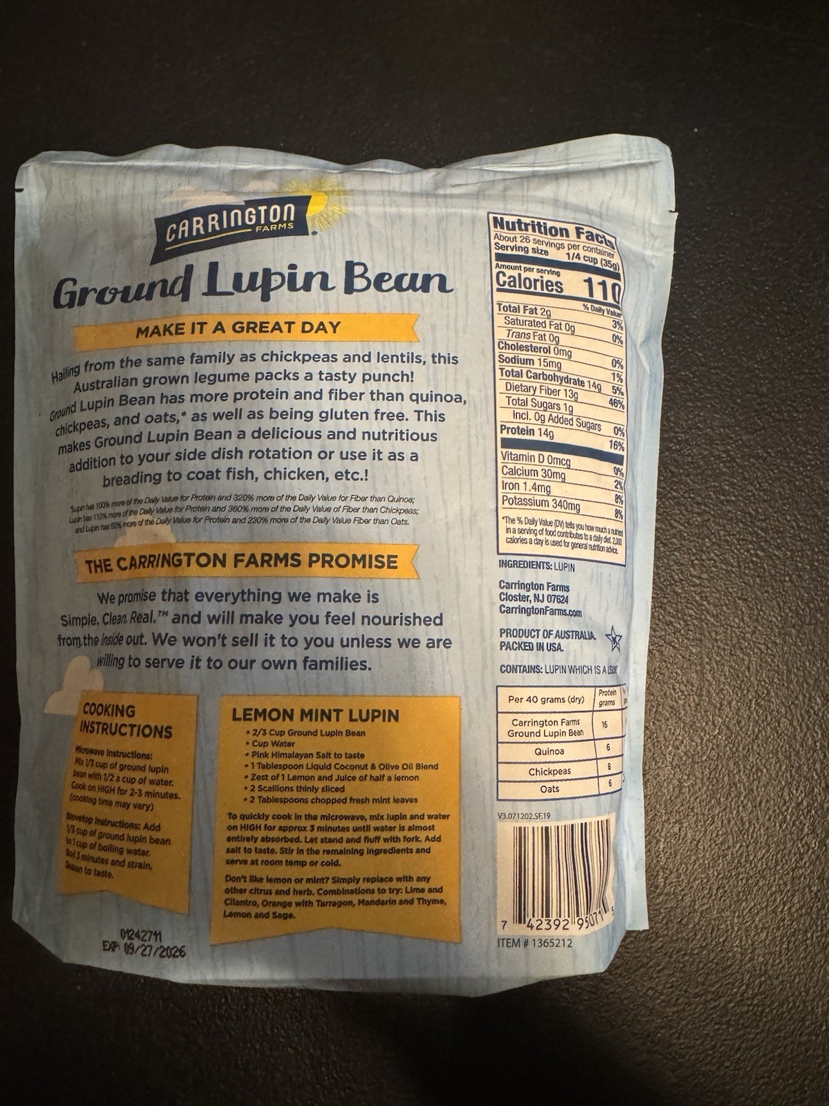 Carrington Farms - Ground Lupin Bean - Plain - 32 oz - 2 Pound (Pack of ...