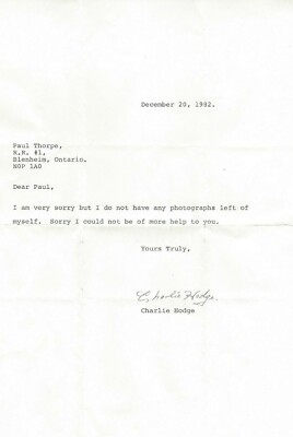 1982 Charlie Hodge Signed Personal letter NHL Montreal Vancouver ...