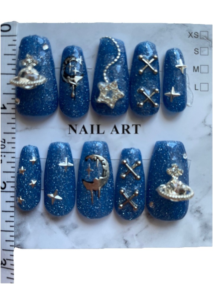 ORIGINAL LUXURY Gel Press On Nails, Blue Gold Flakes Coffin, 10p W/ kit ...
