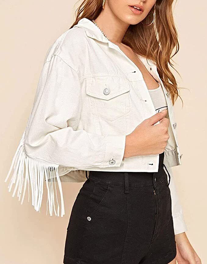 Women's Chic Button Down Tassel Fringe Denim Jean Cropped Jacket | eBay
