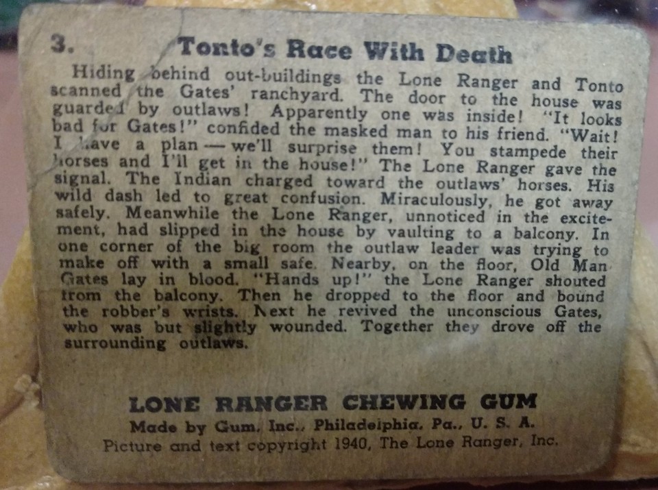 Original Lone Ranger Trading Card #3 Tonto's Race with Death | eBay