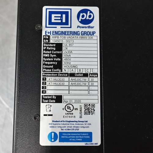 E I Engineering Group PowerBar IMPB-TOB-VADATA-WMW-30A 2x30A 65kA 480V ...