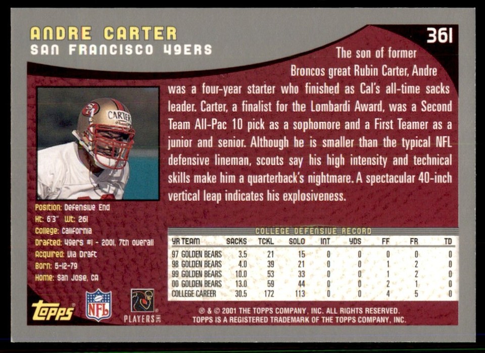 2001 Topps Andre Carter Rookie San Francisco 49ers #361 NFL Football | eBay