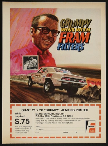 Fram Filters Grumpy Jenkins Camaro SS Drag Car Vintage Print Ad 1970 | eBay