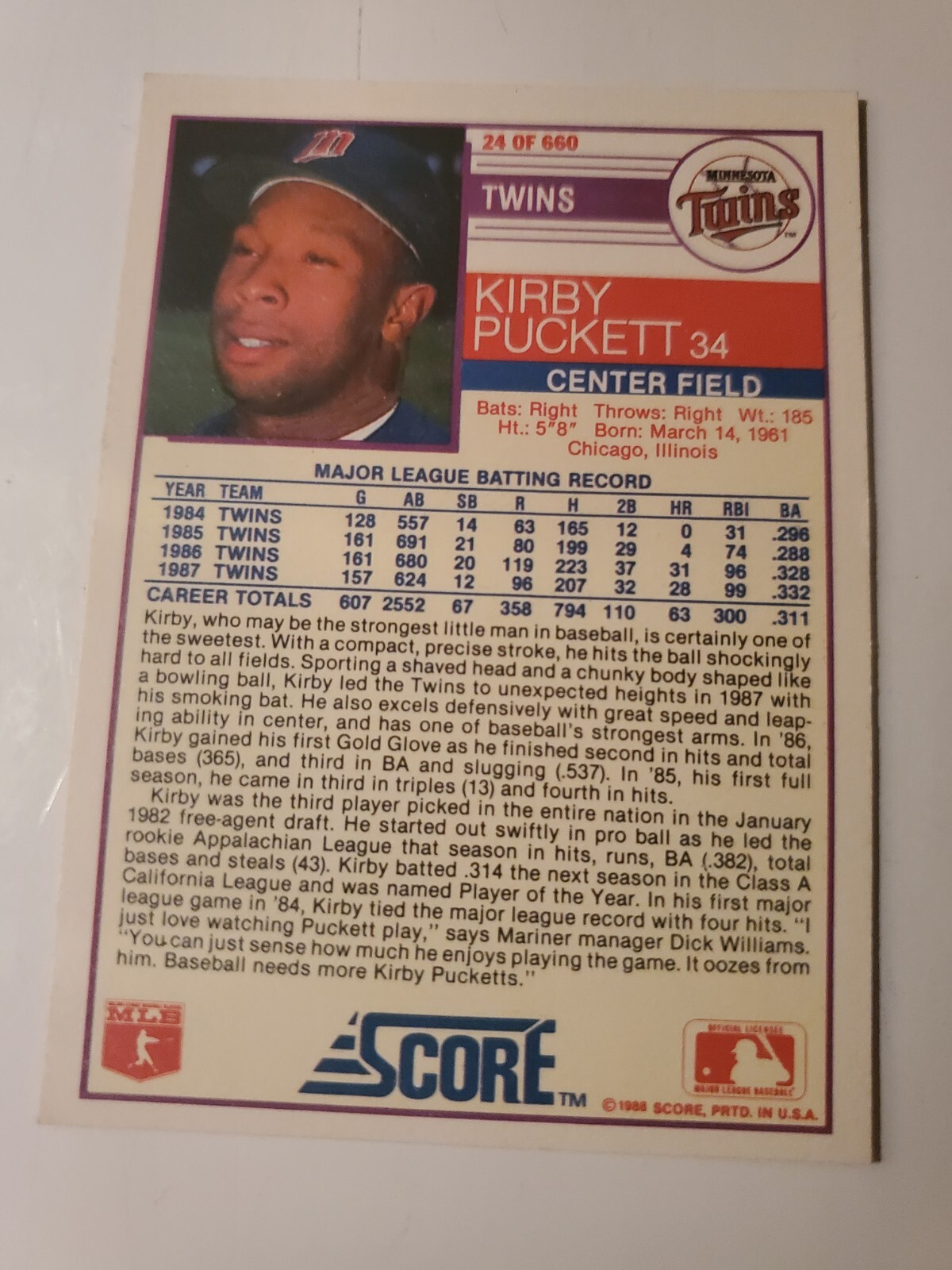 1988 Score - #24 Kirby Puckett ERROR. WRONG D.O.B 3/ 14 / 61 Should 3 ...