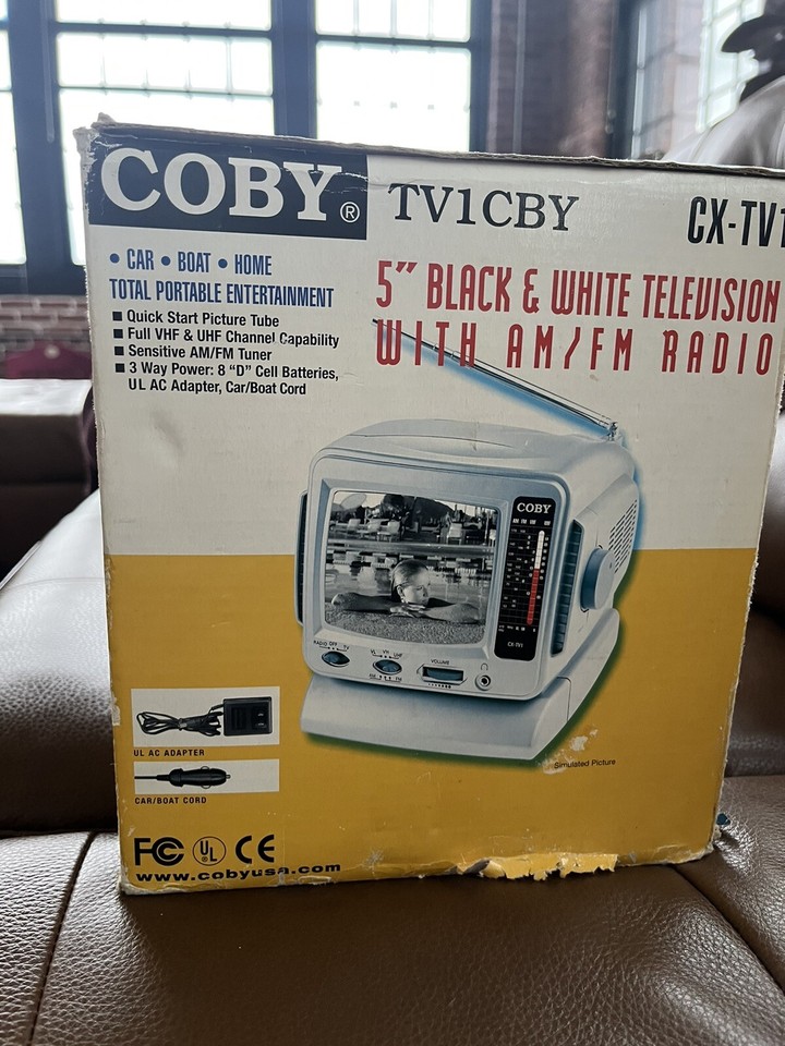 NEW COBY CX-TV1 5" BLACK AND WHITE TELEVISOIN AM/FM RADIO OPEN BOX CRT ...