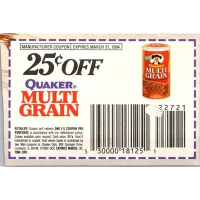 25¢ Off Quaker Multi Grain 800 Springer Dr Lombard IL 1980s Coupon SAI1 ...