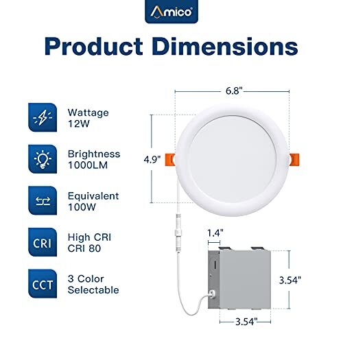 Amico 12 Pack 6 Inch 3CCT Ultra-Thin LED Recessed Ceiling Light with ...