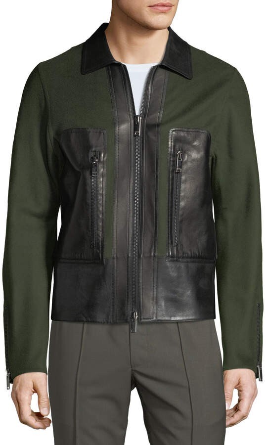 Men's Wool Blend Leather Panel Jacket Zip Up Slim Fit Stylish Fall Outerwear | eBay