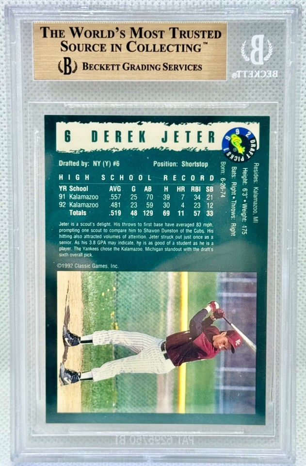 Derek Jeter RC Rookie 1992 Classic Draft Picks #6 BGS 9.5 Gem Mint ...