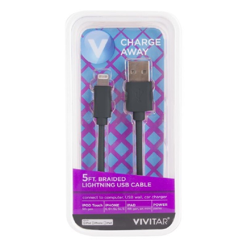 Vivitar 5ft Braided Lightning USB Cable iPhone iPad Charger Black for ...