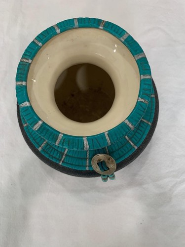 Vintage Cheyenne Pottery Black & Turquoise Glaze Pottery Base Bowl 8" x ...