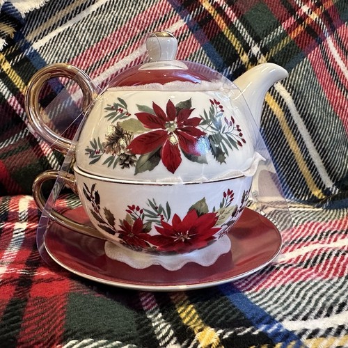 Grace Teaware Porcelain Set Tea For One Teapot Cup Saucer Poinsettias ...