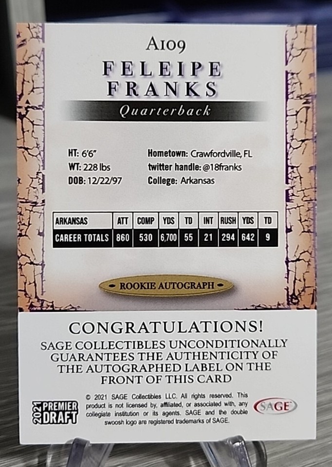 Feleipe Franks 2021 Sage Premier Draft Autographs #A109 Florida Gators ...