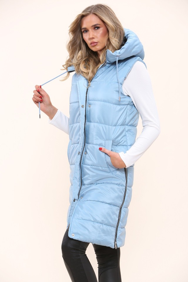 WOMENS LADIES LONG LINE HOODED PUFFER GILET JACKET PADDED VEST TOP BODY ...