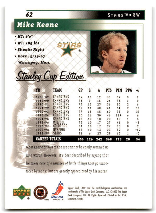 1999-00 UPPER DECK MVP SC EDITION #62 MIKE KEANE NM-MT STARS | eBay