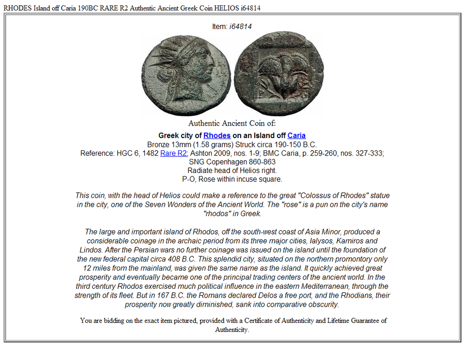 RHODES Island off Caria 190BC RARE R2 Authentic Ancient Greek Coin ...