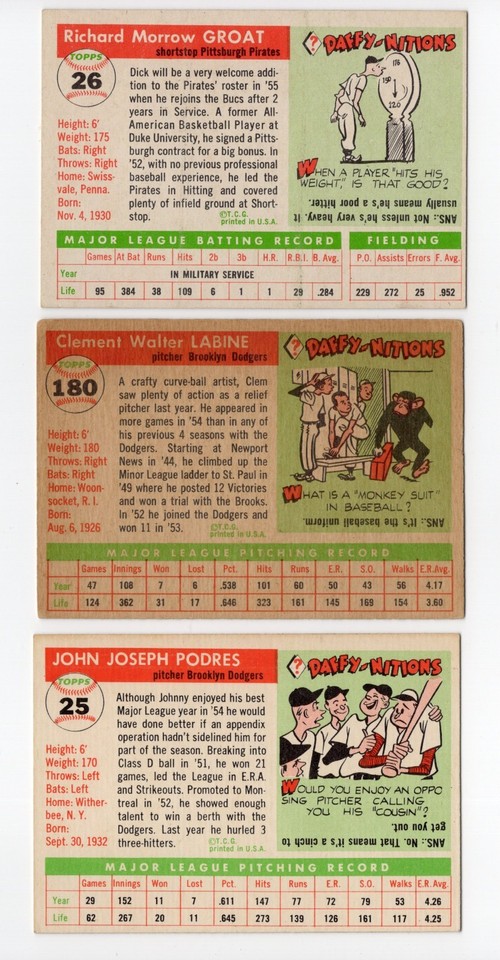 3 1955 TOPPS STARS PODRES 25,GROAT 26,LABINE HI #180 EX-EX+ | eBay