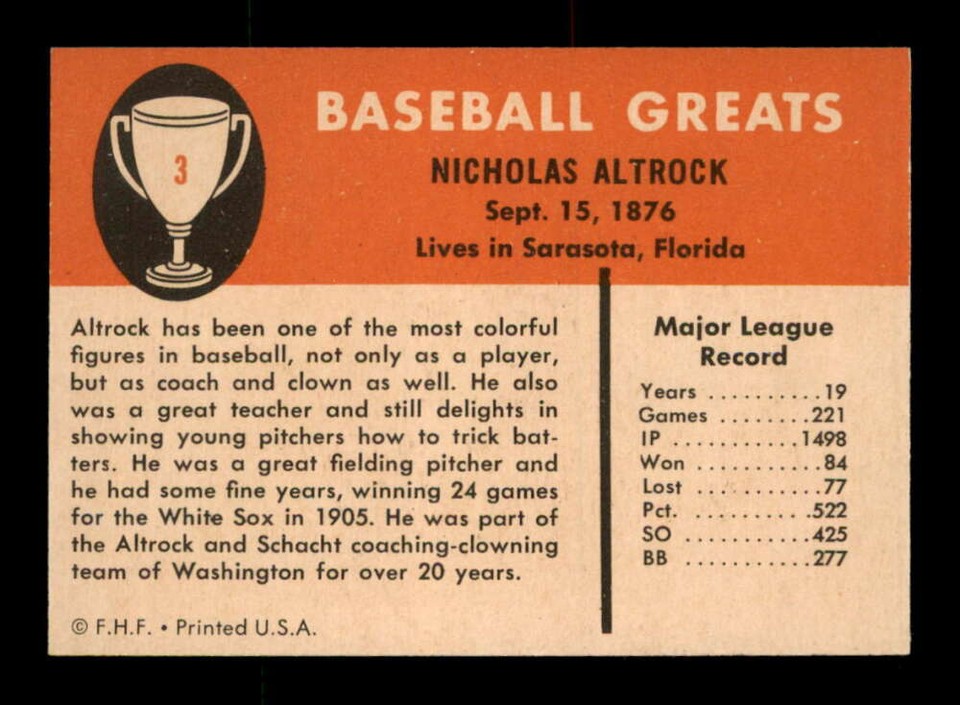1961 Fleer #3 Nick Altrock EXMT/EXMT+ X2611398 | eBay