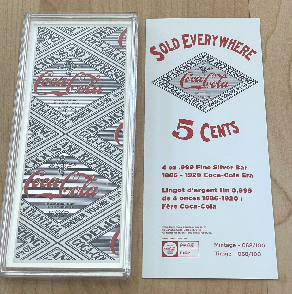 Coca-Cola Vintage 4 oz .999 Silver Colorized Bar w/Box COA Mintage 100 ...