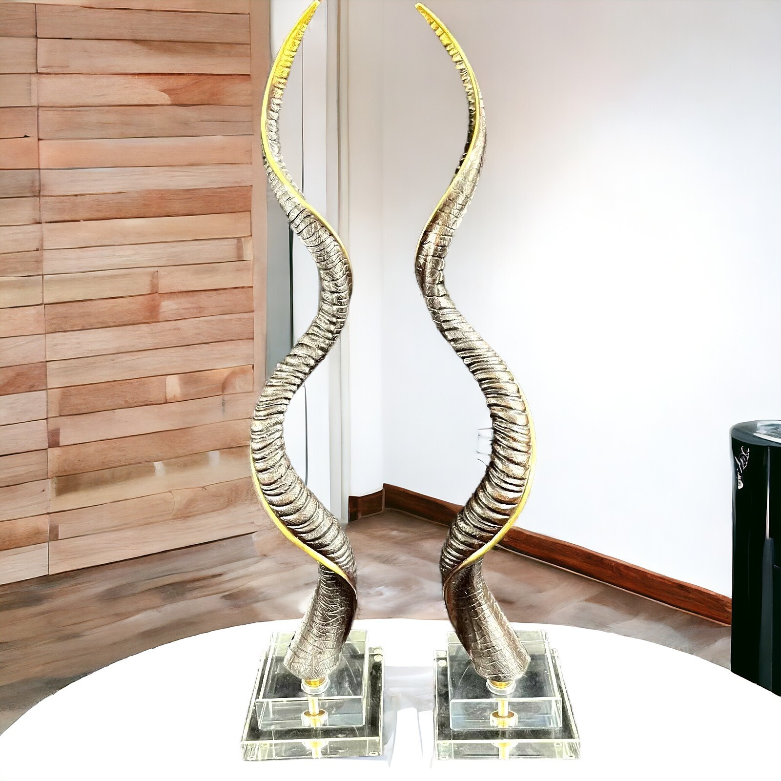 Two African Safari metal gold lined Horn Sculptures with Stands 40'' | eBay