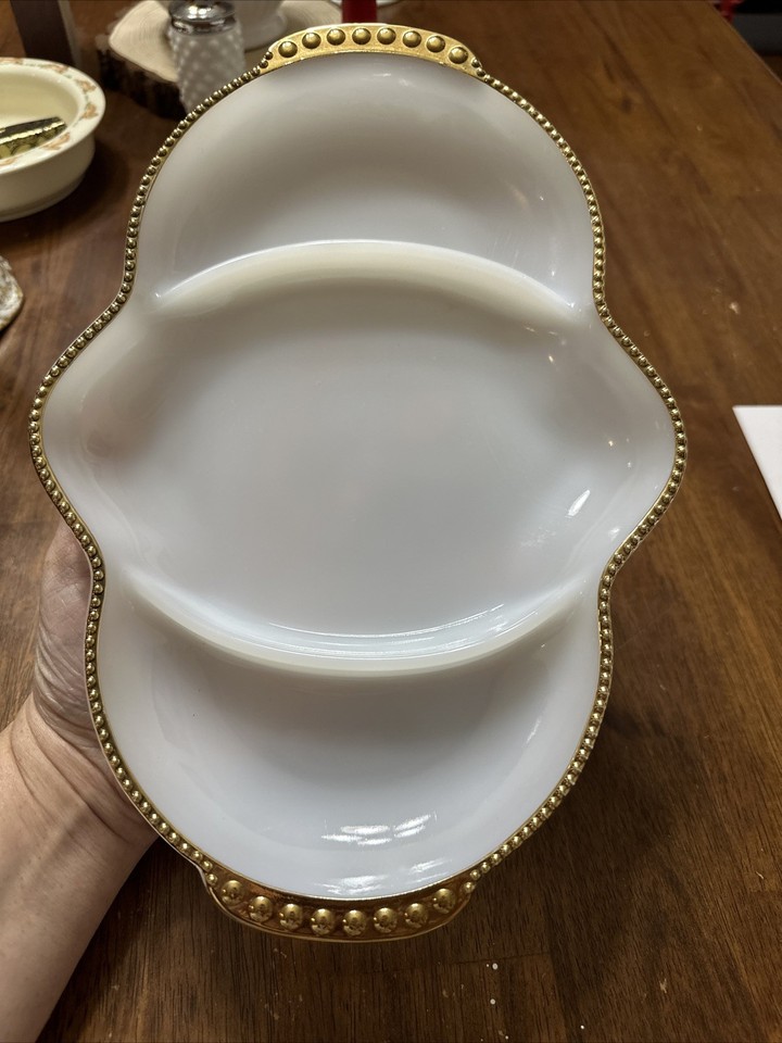Fire King Milk Glass Relish Dish Tray 3 Section Divided White Gold Trim ...