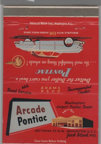 Matchbook Cover - Vintage Pontiac Dealer Arcade Pontiac Washington, DC ...