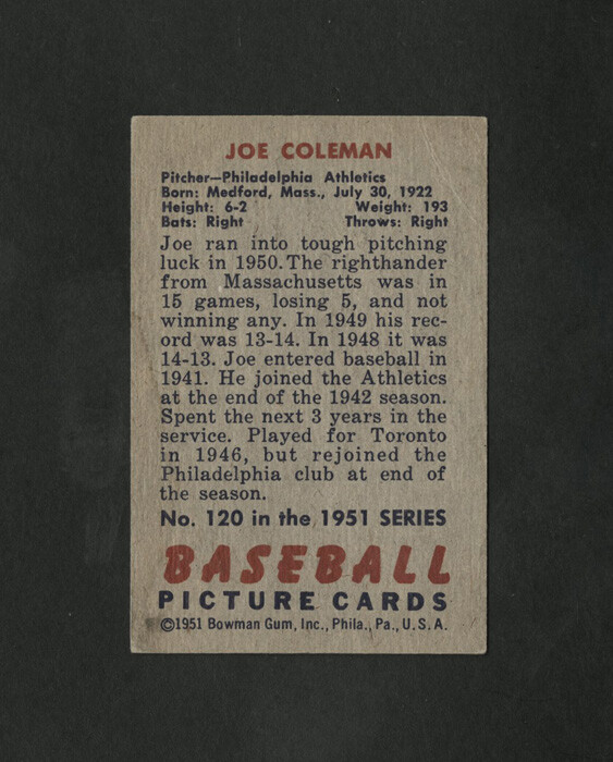 1951 BOWMAN BASEBALL CARD #120 JOE COLEMAN AUTOGRAPHED SIGNED | eBay