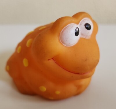 Vintage Happy Frog Toad Spotted Orange Bath Squeak Toy Figure Rubber 2. ...