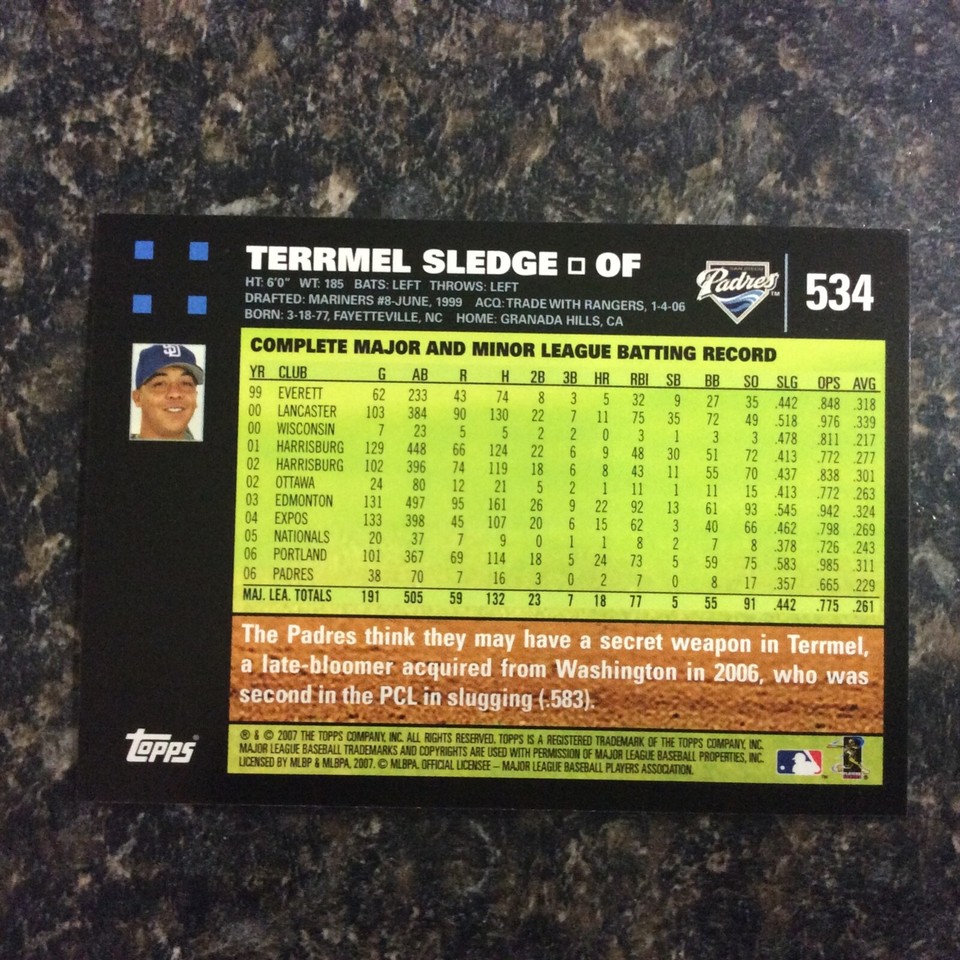 2007 Topps #534 Terrmel Sledge San Diego Padres | eBay